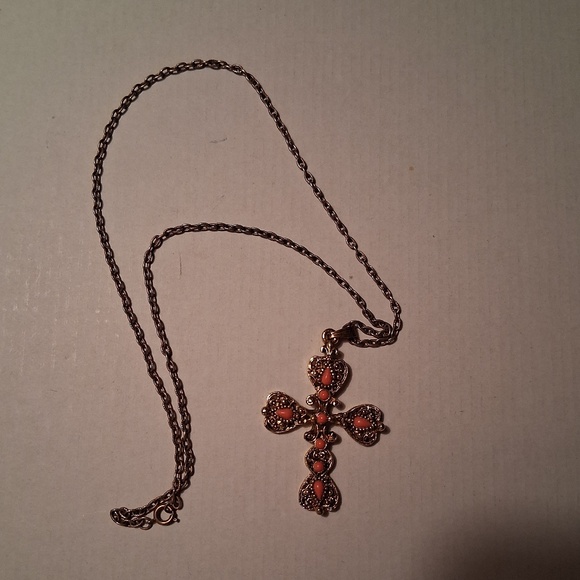 Unknown | Jewelry | Vintage Cross With Coral Colored Stones | Poshmark